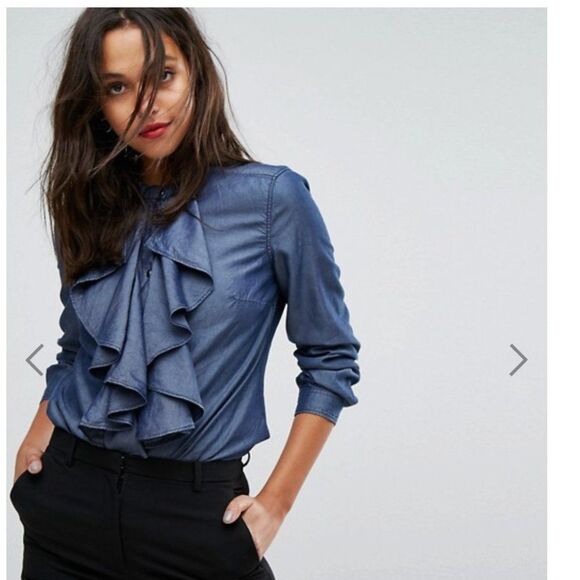 Sisley | Tops | Sisley Denim Ruffle Chambray | Poshmark